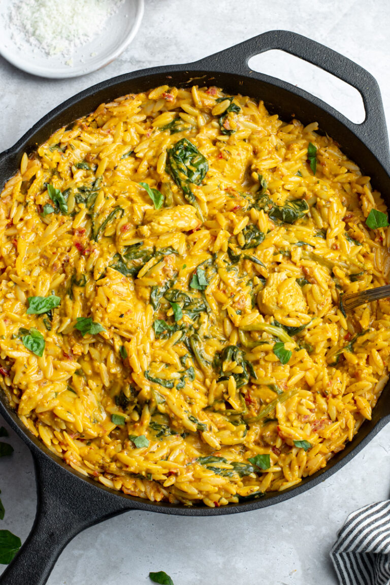 Creamy cajun chicken orzo recipe in a skillet - Marie Food Tips
